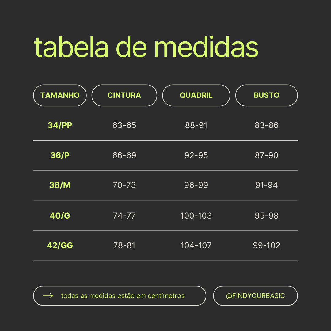Loja online de Find Your Basic - Tabela de Medidas